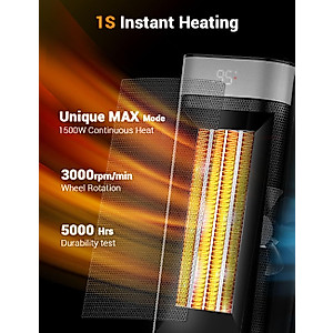 Sunnote Space Heater for Indoor Use, 1500W Fast Heating, Electric & Portable Ceramic Heaters with Thermostat, 5 Modes, 24Hrs Timer, 80°Oscillating Room Heater with Remote, Safe for Office Bedroom Use