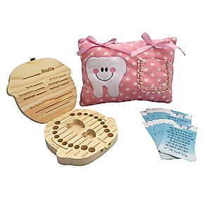 APOWUS Girls Tooth Fairy Kit with Pink Pillow, Wood Box Organizer, 20 Letters