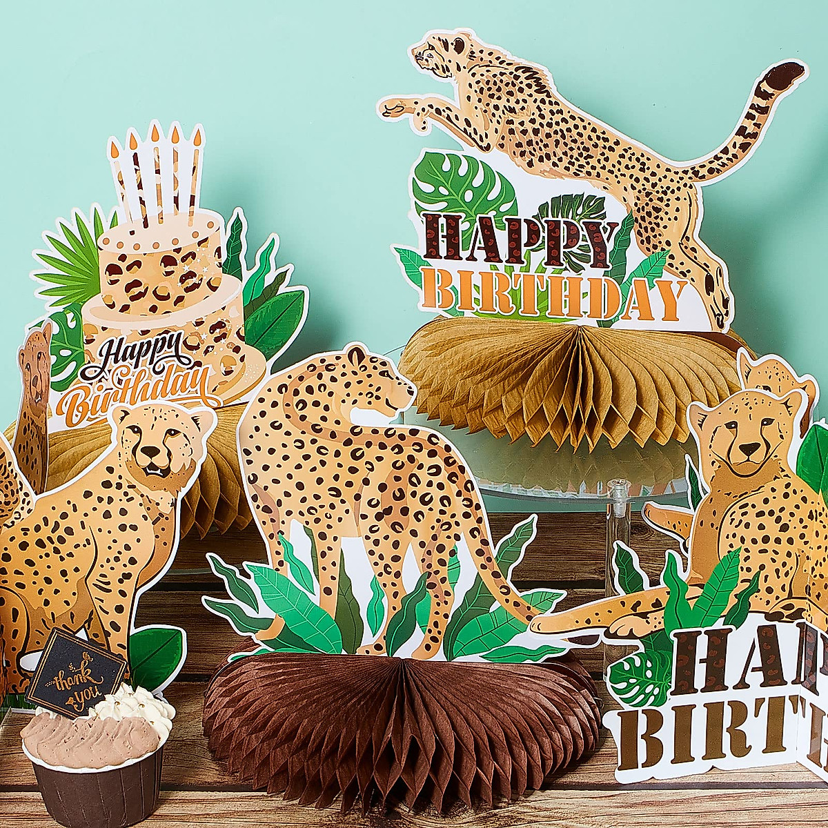 10 Pcs Leopard Birthday Decorations Leopard Table Centerpiece 3D Jungle Honeycomb Centerpieces Cheetah Birthday Decorations Cheetah Party Decorations for Jungle Happy Birthday Party Baby Shower