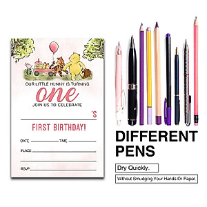 Dolimifa Pink Winnie the Pooh 1st Birthday Invitations Fill in Style Classic Winnie the Pooh First Birthday Invites, 20 Count With Envelopes
