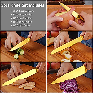 Golden Kitchen Knife Set 5 Piece WELLSTAR, Razor Sharp German Stainless Steel Blade and Ergonomic Handle with Gold Titanium Coated, Chef Carving Bread Utility Paring for Cutting and Peeling - Gift Box