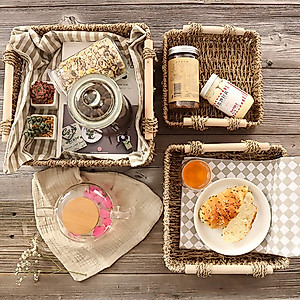 DOITOOL Hand- Woven Storage Basket with Wooden Handle, Rectangular Seagrass Storage Baskets, Wicker Baskets for Shelves, Natural Hyacinth Baskets for Organizing, 11.42x11.42x3.54