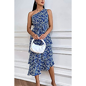 PRETTYGARDEN Women's Summer Floral Sundress Casual One Shoulder Tiered Ruffle Flowy Midi Beach Boho Dresses (Floral Royal Blue White,Medium)