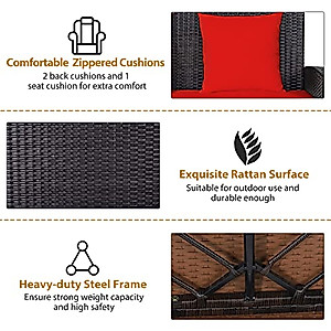 Happygrill 2-Person Porch Swing Bench Outdoor Patio Rattan Swing Chair with Soft Cushions, 7.9ft Reinforced Steel Chain, Solid Steel Frame, Perfect for Backyard, Poolside, Front Porch