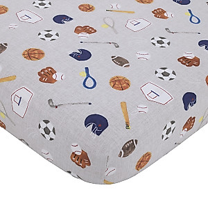 NOJO Team All Star Navy, Grey, and Light Blue, Football, Baseball, Soccer and Basketball, 4 Piece Nursery Crib Bedding Set - Comforter, 100% Cotton Fitted Crib Sheet, Crib Skirt and Storage Tote