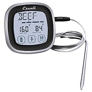 Escali Touch Screen LCD Display Digital Timer Oven Safe Stainless Steel Probe with Temperature Alert, Black