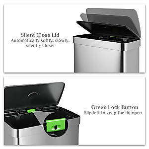 Arlopu 16 Gallon Stainless Steel Trash Can, 60L Kitchen Classified Recycle Garbage Can, Dual Compartment Dustbin with Removable Inner Buckets, Step-on, Soft-Close Lid, for Home Office, Silver