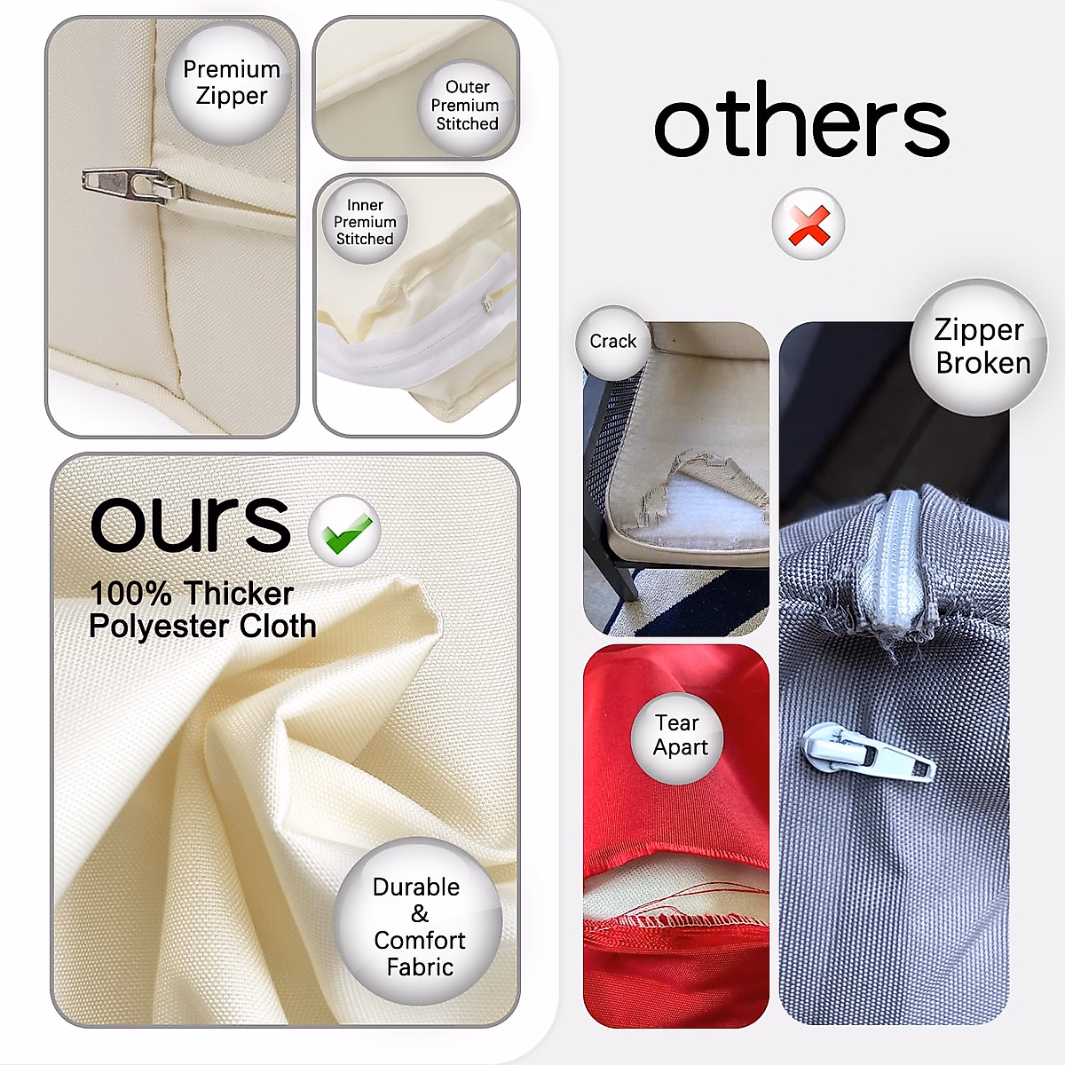 ClawsCover 17Pack Outdoor Seat Cushions Back Pillows Replacement Covers Fit for 8 Pieces 7-Seater Wicker Rattan Patio Furniture Set Sectional Couch Chairs, Cream-Include Cover Only