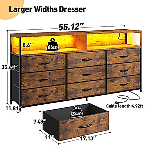 EnHomee 55” W Dresser, Rustic Brown Dresser for Bedroom with Power Outlet & LED Lights for 65" TV Stand Bedroom Dresser with 9 Fabric Drawers, Long Sturdy Dressers for Bedroom, Closet, Entryway