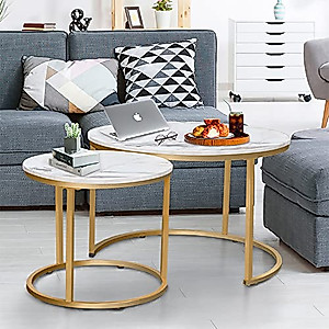 aboxoo Coffee Table Nesting White Set of 2 Side Set Golden Frame Circular and Marble Pattern Wooden Tables, Living Room Bedroom Apartment Modern Industrial Simple Nightstand