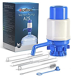 HotFrost Manual Water Pump for 5 Gallon Bottle – Hand Pressure Water Dispenser - Secure Fit on Crown Top Jugs - 3 Tube Lengths, Protective Spout Cap, Cleaning Brush, BPA-Free Food-Grade Materials