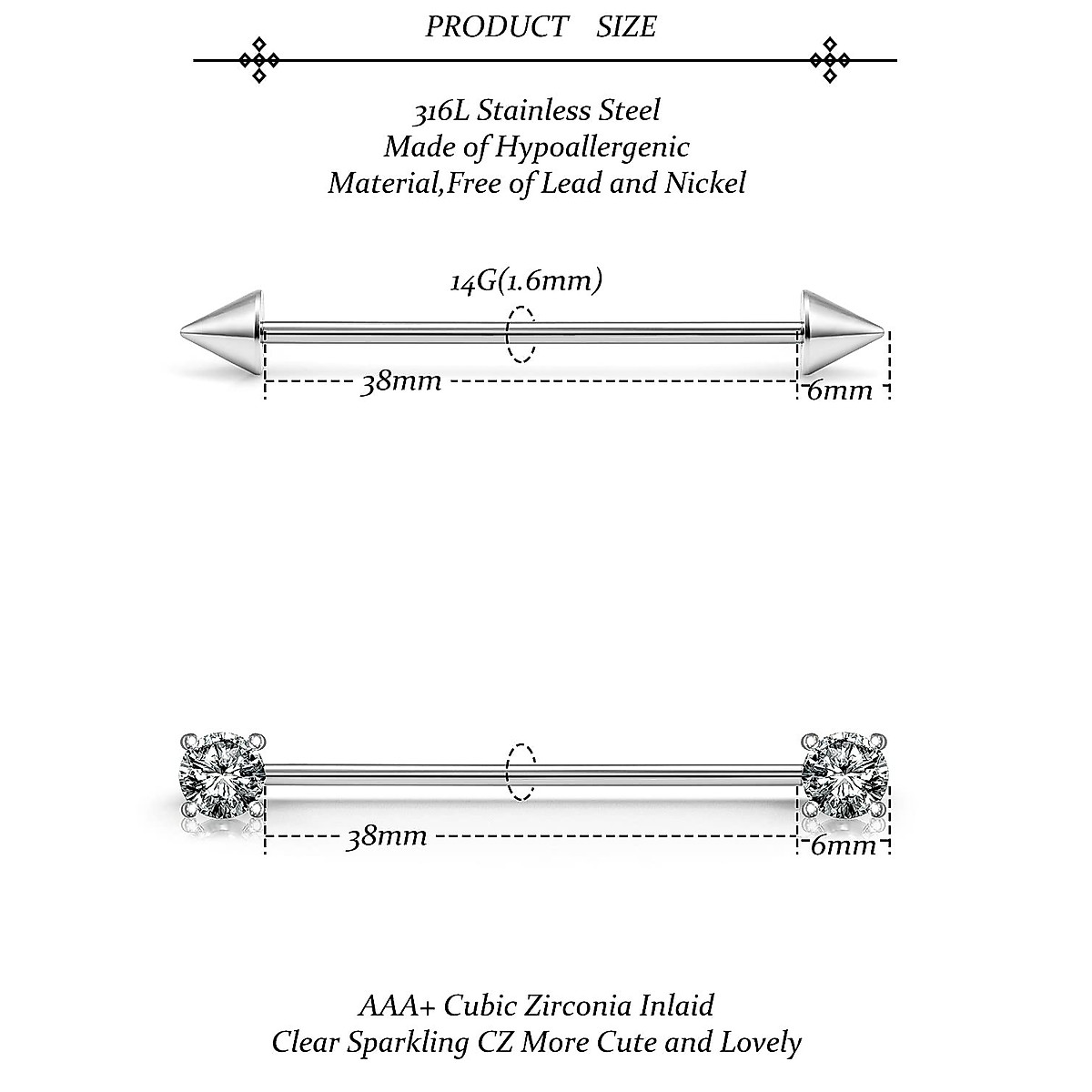 Vsnnsns 14G Industrial Piercing Jewelry Industrial Earrings Industrial Barbell Surgical Steel Cartilage Earrings Industrail Piercing 1 1/2"(36mm) Bar Length for Women Men 6PCS Silver