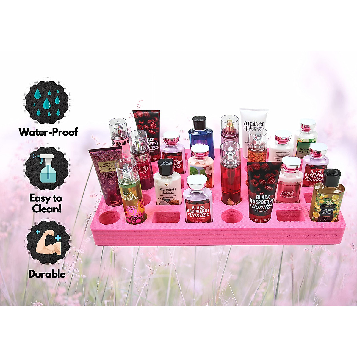 Polar Whale 2 Lotion and Body Spray Stand Organizers Large Tray Pink Durable Foam Washable Waterproof Insert for Home Bathroom Bedroom Office 23.25 x 13.5 x 2 Inches 40 Slots 2pc Pair Set