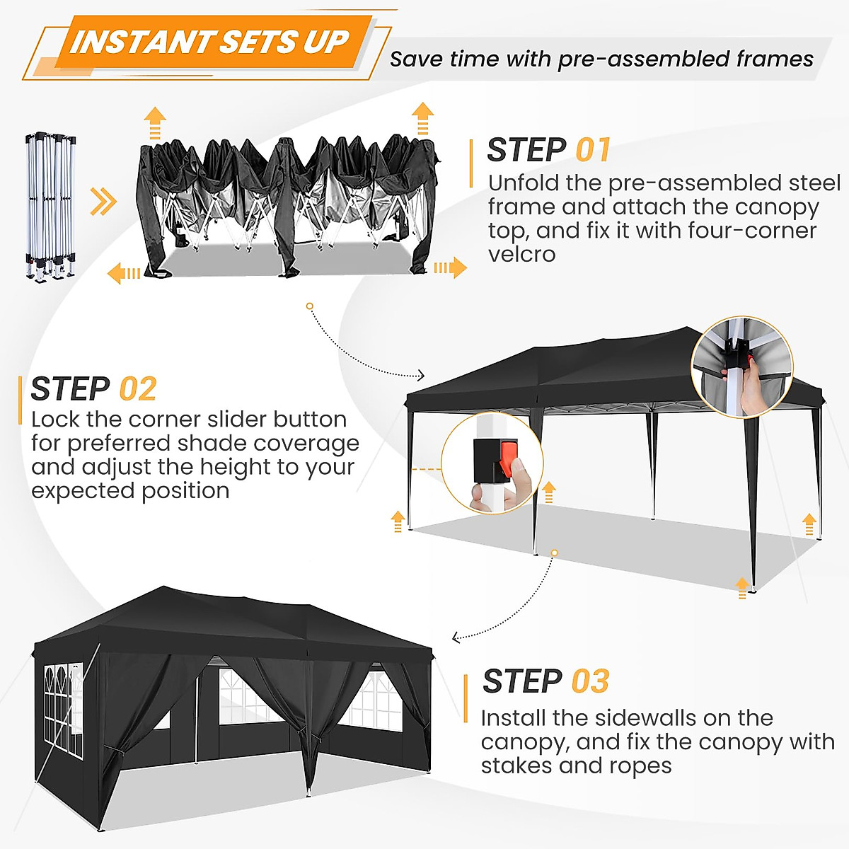 COBIZI 10x20 Pop up Canopy Tent with 6 Sidewalls, Waterproof Portable Outdoor Canopy 10x20 Ez up Instant Shelter Tent for Parties, Wedding, Backyard, Carport with Carry Bag, Stakes, Ropes, Black
