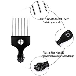 3 Pack Metal Hair Pick - CAREHOOD Wide Tooth Afro Pick for Men, Hair pick for Curly Hair for Women, Lift Pick Comb Tool for Wig Braid Detangle, Hair Styling