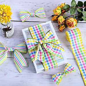 4 Roll 20 Yard Easter Buffalo Plaid Stripe Wired Ribbon, 2.5in Pink Blue Yellow Green Gingham Ribbon for Easter Favors Gift Wrapping Spring Home Decor DIY Crafts Hairbow Wreath Bouquet Craft Supplies