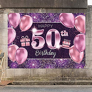 PAKBOOM Happy 50th Birthday Banner Backdrop - 50 Birthday Party Decorations Supplies for Women - Pink Purple Gold 4 x 6ft