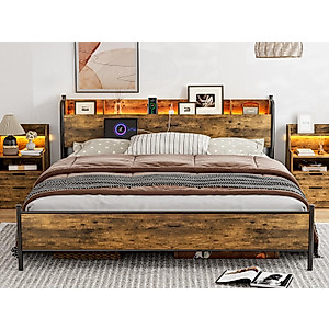 IKIFLY King Size Storage Headboard with Charging Station & LED Lights, Headboard for King Size Bed Frame, Industrial King Headboard Only with Storage for Bedroom, Attach Frame, Rustic Brown