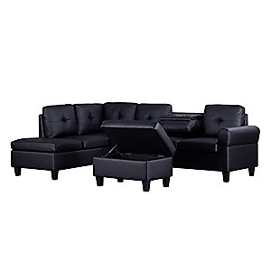 EMKK L-Shape Sofa Couch with Chaise Lounge,Modern Upholstery Sectional Sofá with Storage Ottoman for Living Room Furniture Set, Apartment and Large Space, Black