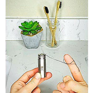 Vegan Biodegradable Bamboo Charcoal Dental Floss with Refillable Stainless Steel Container | 33yds x2 | Extra Floss Refill | Natural Candelilla Wax | Peppermint | Eco Zero Waste Oral Care