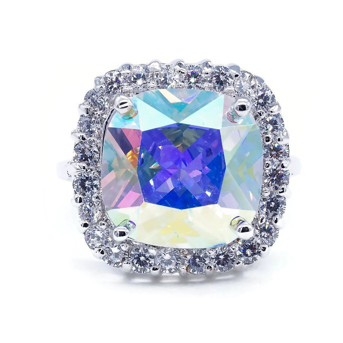 Glamour Rings Large Silvertone Statement Ring with Aurora Borealis Crystal and Small CZ Surround Stones Size 10