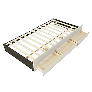 Twin Bed Frame with Trundle Bed and Storage Drawers,Linen Upholstered Bed Frame,Twin Size Trundle Bed with Adjustable Headboard,Upholstered Platform Bed Twin for Kids Teens Adults,Beige