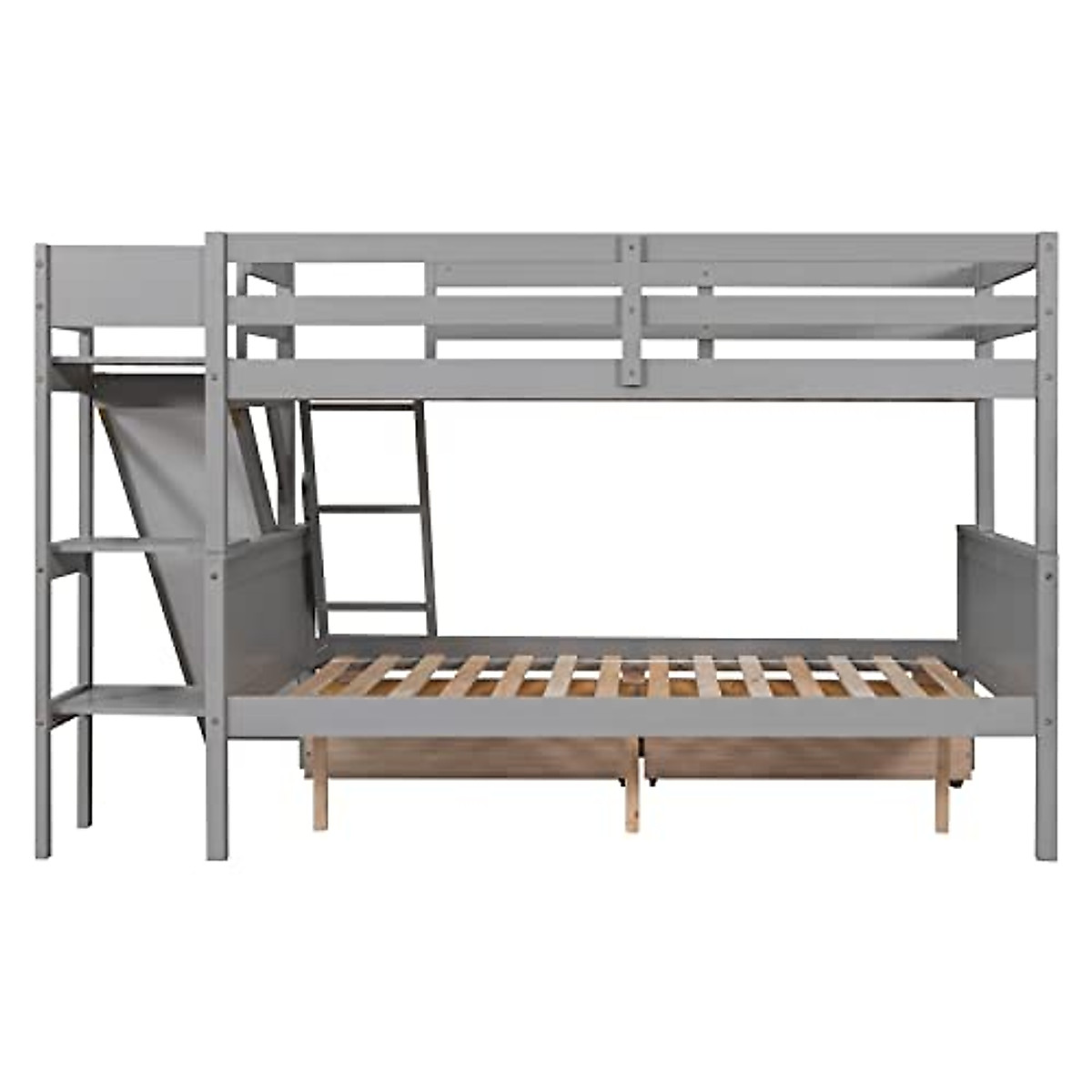 GLORHOME Twin Over Full Bunk Bed,Wooden Bunk Bed, Bunk Bed with Drawers,Slide,Grey