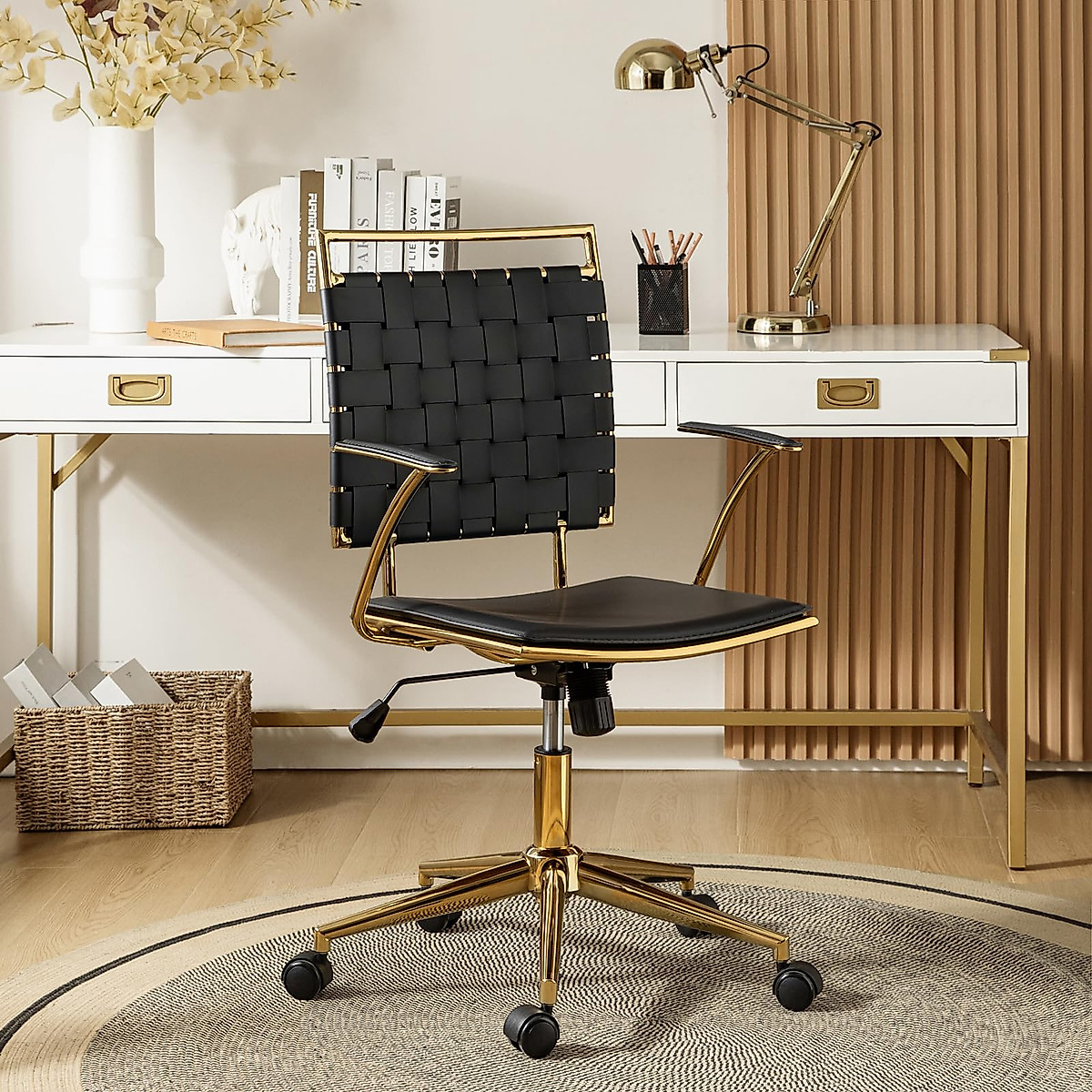 HULALA HOME Faux Leather Woven Office Desk Chair, Adjustable Swivel Task Chair with Padded Arms and Golden Legs, Modern Rattan Upholstered Computer Chair, Black