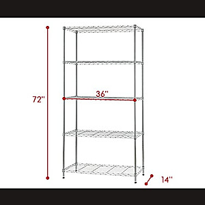 5 Tier Wire Shelving Unit 72"x36"x14"Storage Shelves Metal Wire Shelf Storage Rack Adjustable Commercial Organizer Heavy Duty Layer Unit for Restaurant Garage Pantry Kitchen Office (Chrome)