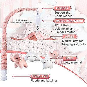 FEISIKE Crib Mobile for Girls with 3 Modes Music Box（Turn Only, Music Only, Turn & Music),12 Lullabies,Pink Elephant Nurser Mobile,Clamp Type,Pretty Box Packaging