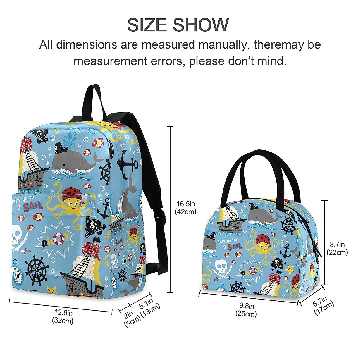 ODAWA Cartoon Pirates Elements Toddler Boys Backpack with Lunch Box Primary Junior High School Backpack Set