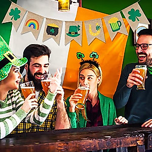 AnyDesign St. Patrick's Day Burlap Banner Shamrock Clover Rainbow Hanging Banner Rustic Pre-Assembled Irish Holiday Bunting Garland for Party Home Office Mantel Fireplace Wall Decoration