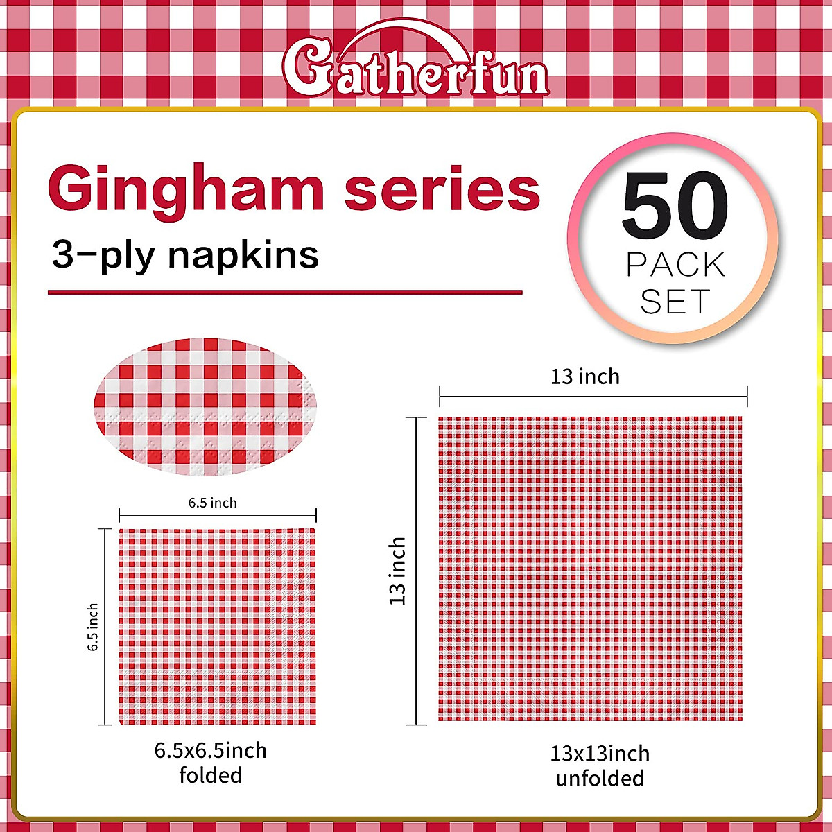 Gatherfun Disposable Red and White Gingham Paper Napkins (Pack of 50)