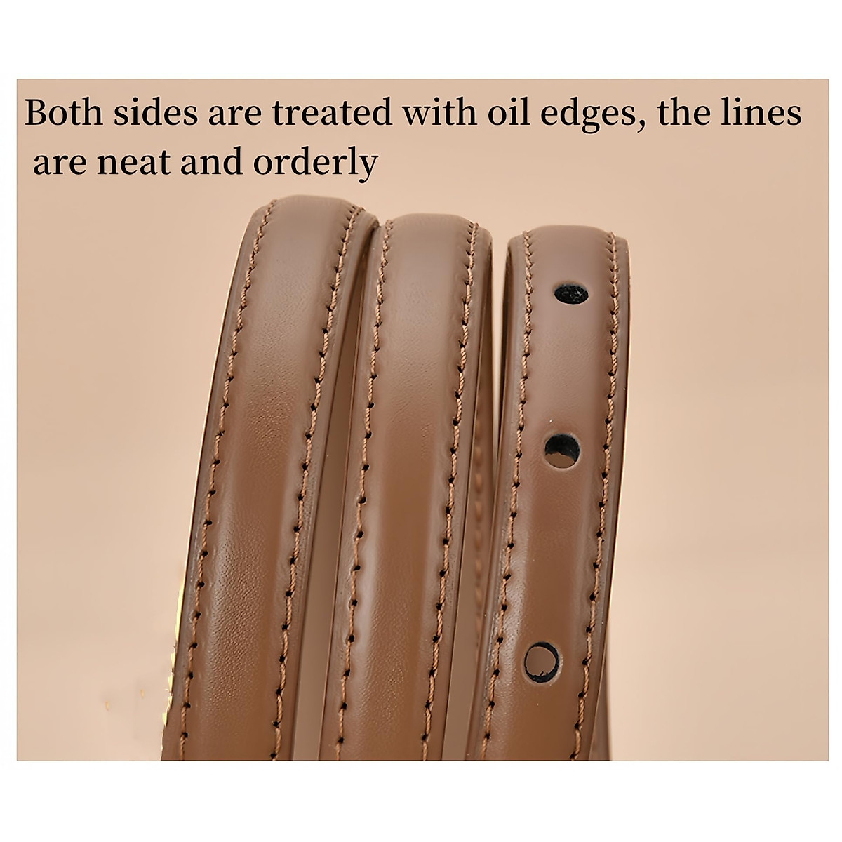 Larsweryar Women’s Belts，Skinny Elegantes Fashion Slim Leather Belt With Gold Buckle，Applicable to Dress Jeans slacks (Khaki, 25"-33"(102CM))