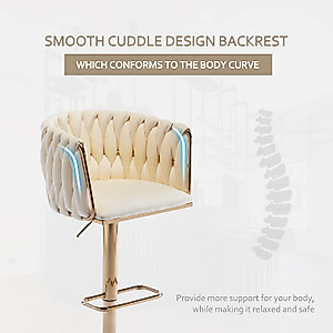 Kiztir 360° Velvet Swivel Bar Stools Set of 4, Adjustable Counter Height Bar Chairs with Woven Back & Footrest, Luxury Gold Bar Stools for Kitchen Island, Cafe, Pub (Ivory)