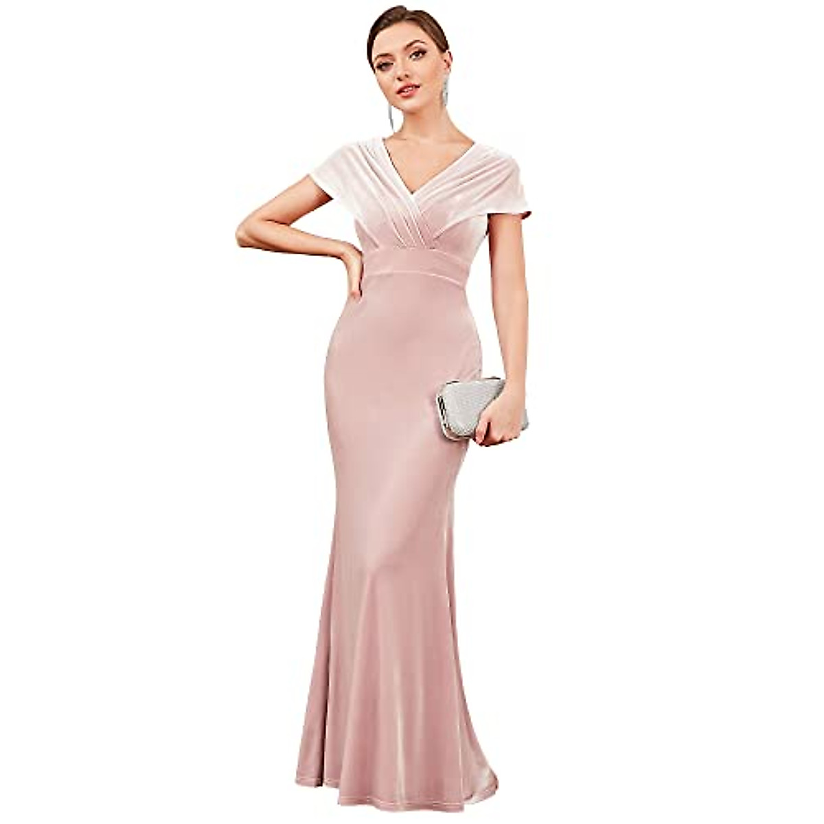 Ever-Pretty Women's V Neck Cap Sleeves Backless Memaid Long Autumn Velvet Formal Evening Gowns Pink US8