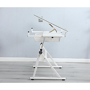 Seed Spring Adjustable Tempered Glass Drafting Printing Table, Modern Design Drafting Table Desk with Chair, Solid Construction, White Printing Desk with Storage Space for Home Office School