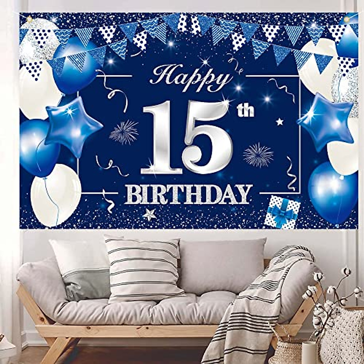 P.G Collin Happy 15th Birthday Banner Backdrop Sign Background, 15 Birthday Party Decorations Supplies for Boys Girls 6 x 4ft Blue Silver, Blue-15 (HB15-FH)