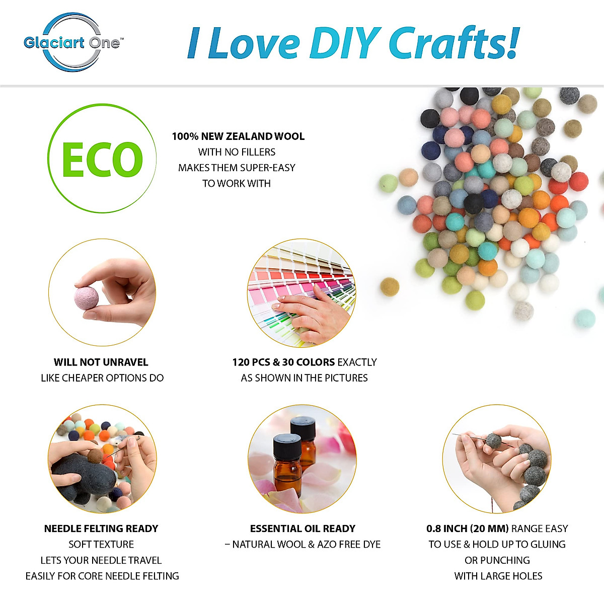 Glaciart One Felt Pom Poms, Wool Felt Balls (120 Pieces) 2 cm – 0.8 Inch, Handmade Felted 30 Colors (Green, Pink, Blue, Yellow and More) Bulk Small Puff for Felting and Garland