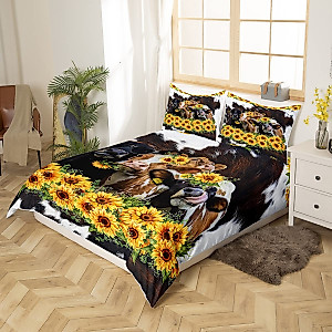 Homewish Cow Skin Printed Bedding Set,Cow Print Duvet Cover for Kids Teen Boys Girls,Yellow Sunflowers Comforter Cover Decorative Room,Farmhouse Theme Quilt Cover with 2 Pillowcases,King Size