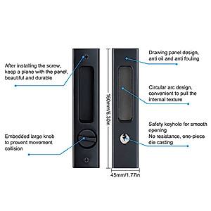LWZH 6.3" Matte Black Privacy Pocket Door Lock Hardware, Invisible Recessed Handle Latch with Keys, Sliding Door Mortise Lock, Double Barn Door Lock Furniture Hardware