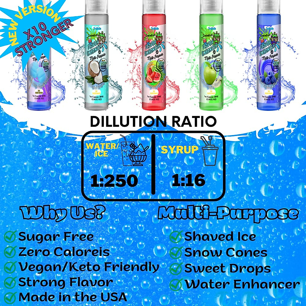 (Variety Pack of 3) Sugar Free Flavor Enhancer for Ice, Water, Snow Cone, Shaved Ice, Drink, Snacks; Multi-Purpose; Concentrate; Sweetened; No Need Sugar; Just Add Water. Zero Calories