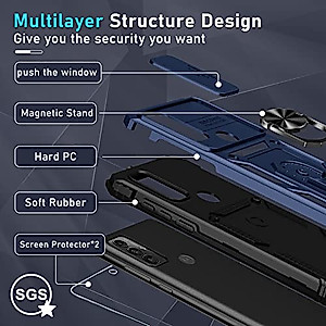 Motorola Moto G Play 2023 Case,Moto G Power 2022/Moto G Pure Case Built in Slide Camera Lens Cover+Screen Protector+Finger Ring Holder Kickstand,Heavy Duty Shockproof Full Body Phone Cover,Blue