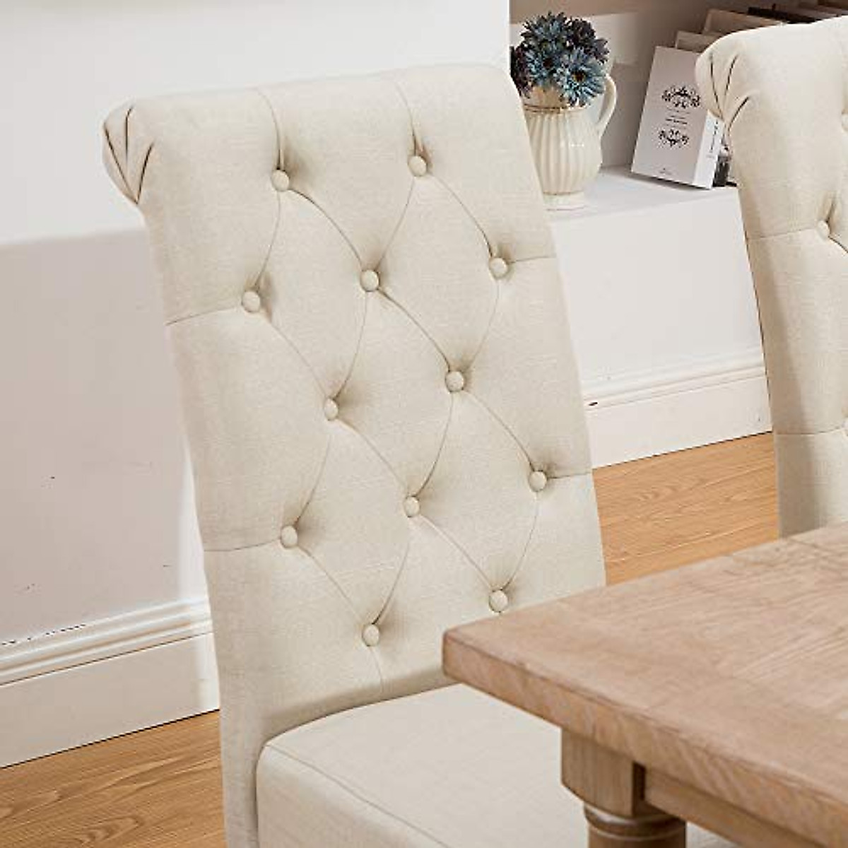 LSSBOUGHT Button-Tufted Classic Accent Dining Chairs with Solid Wood Legs, Set of 4 (Tan)