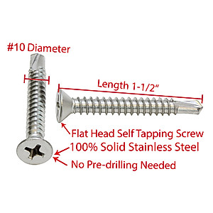 Bolt Dropper #10 X 1-1/2'' Stainless Flat Head Phillips Self Drilling Screw, (25 pc), 18-8 (304) Stainless Steel Screw by Bolt Dropper