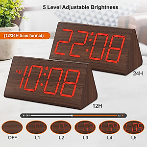 DreamSky Wooden Digital Alarm Clocks for Bedrooms - Electric Desk Clock with Large Numbers, USB Port, Battery Backup Alarm, Adjustable Volume, Dimmer, Snooze, DST, 12/24H, Living Room Wood Décor (Red)