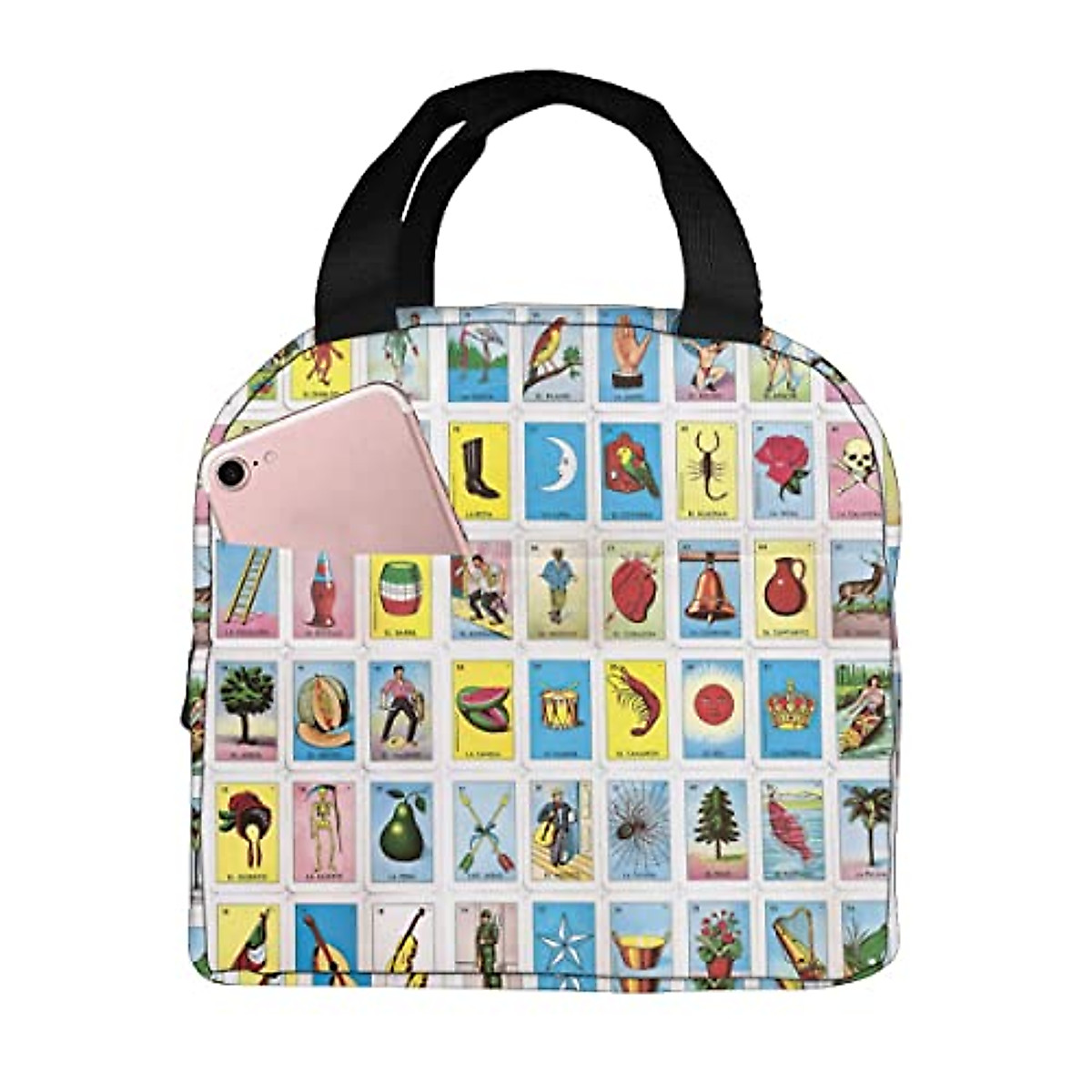 Colorful Mexican Loteria Cards Lunch Bag for Women Girls Kids Insulated Picnic Pouch Thermal Cooler Tote Bento Large Meal Prep Cute Bag Big Leakproof Soft Bags for Lunch Box, Camping, Travel, Fishing
