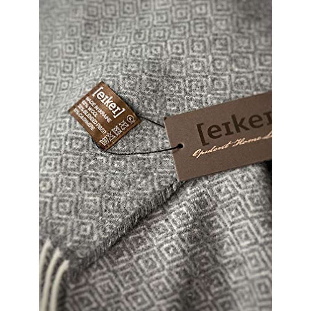 Eikei Wool Throw Blanket Geo Diamond Pattern Oversized Couch Throw Blanket Fringe Trim Soft Merino Woolen Afghan Minimalist Style Lightweight Machine Washable (Charcoal, 55Wx78L)