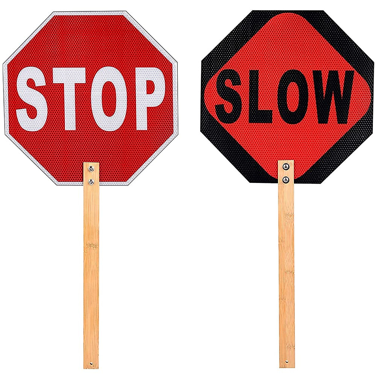Kichwit Stop Slow Sign, 13" Double Sided Handheld Stop Sign, Street Slow Reflective Sign with Bamboo Handle, Aluminum