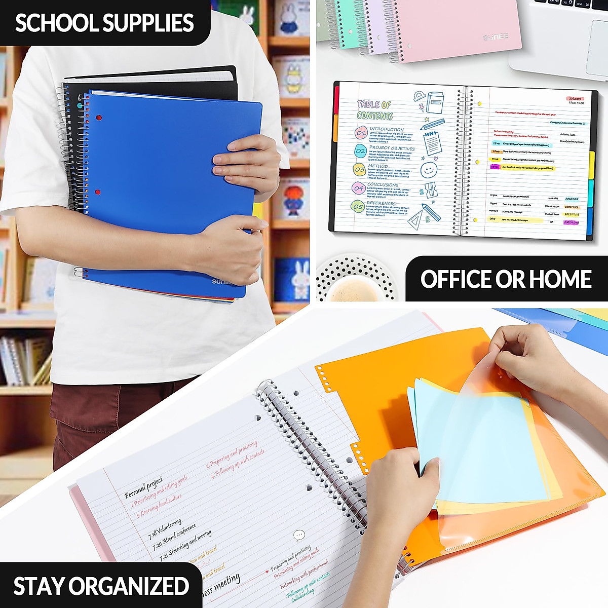 SUNEE 5 Subject Notebook College Ruled - 300 Pages, 8.2"x10.8", Spiral Lined Notebook with 5 Pocket Colored Dividers, 3-Hole Punched Paper, Black Notebooks for School Supplies, Home & Office, Writing Journal